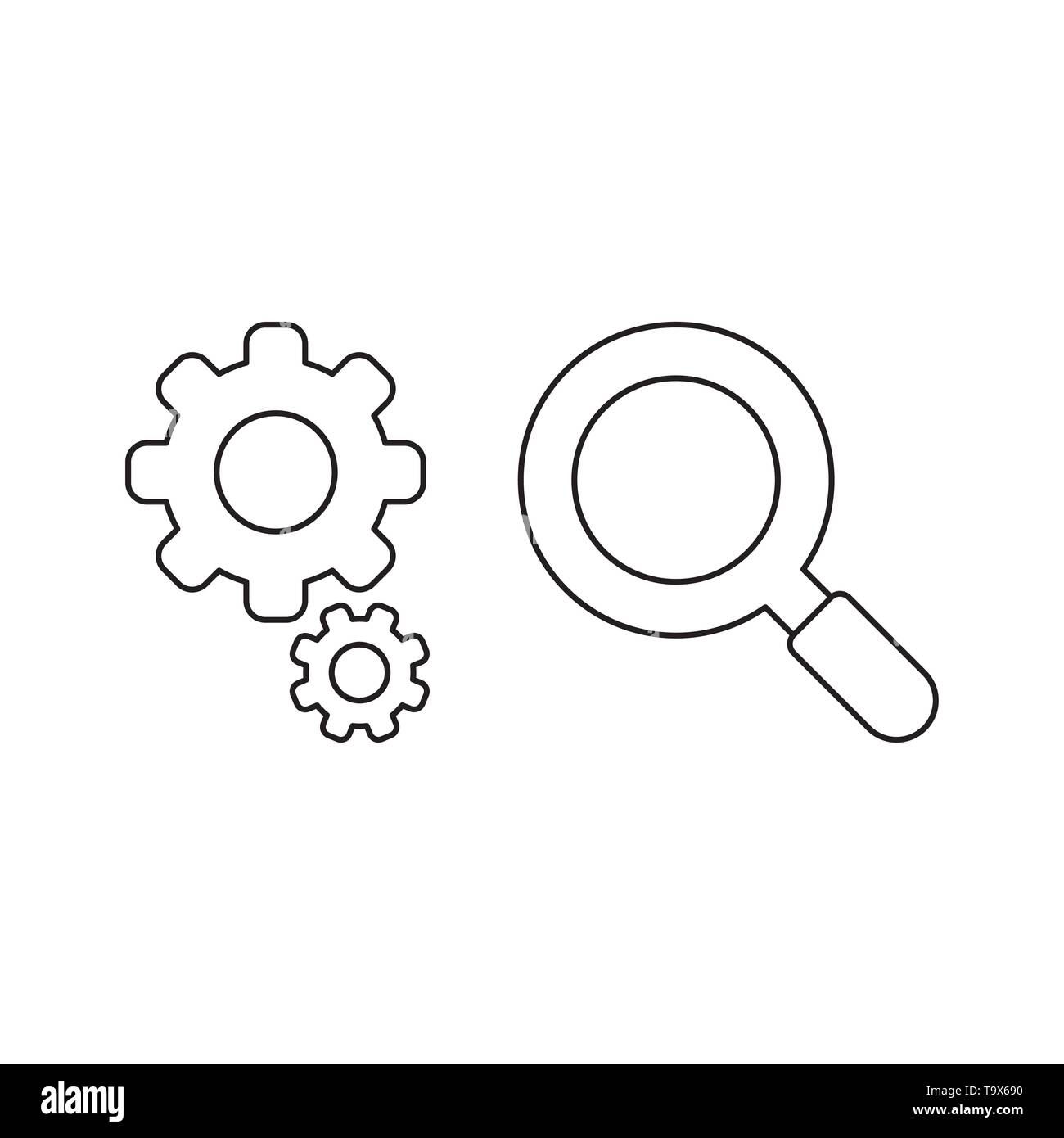 Vector icon concept of gears with magnifier. Black outlines Stock ...