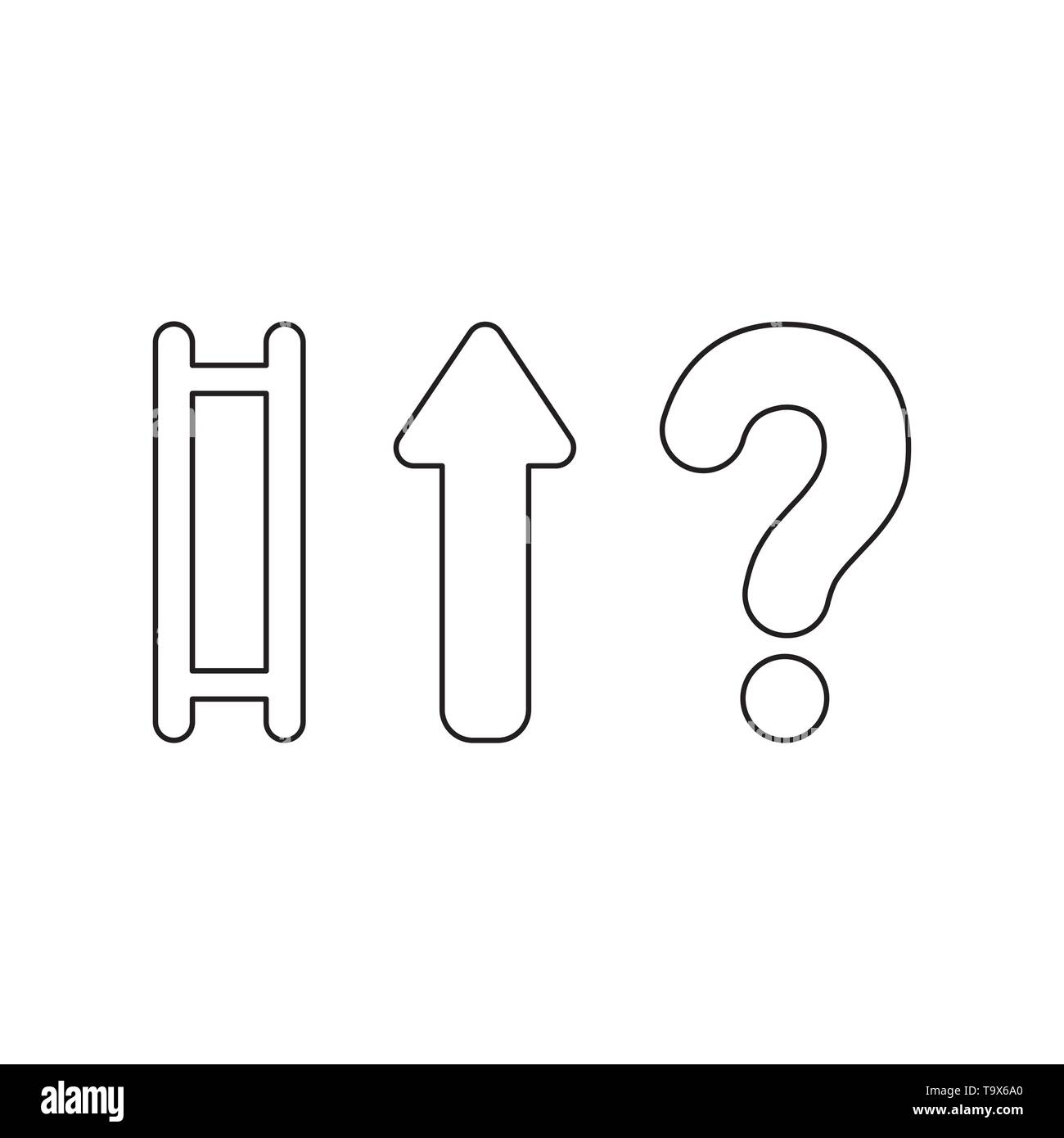 Vector icon concept of ladder with missing steps, arrow up and question mark. Black outlines ...