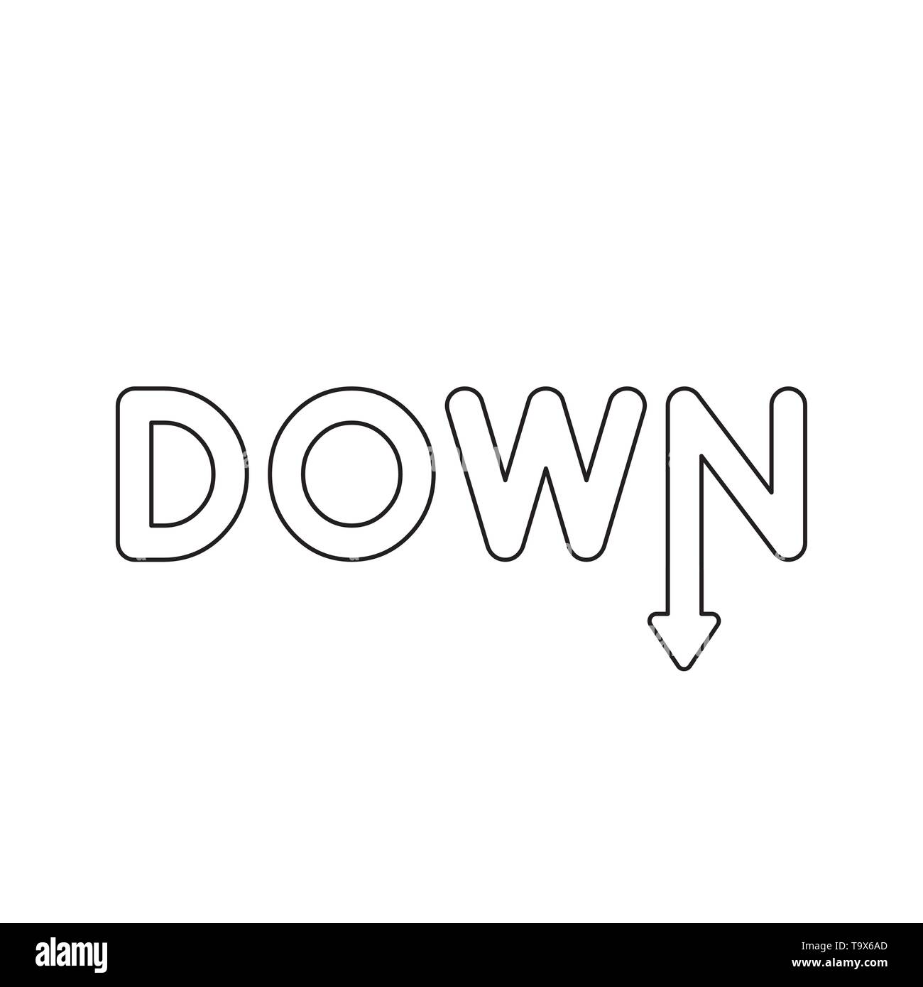 Vector icon concept of down word with arrow moving down. Black outlines ...