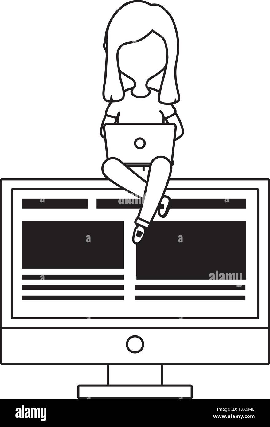 Girl and laptop design, Digital technology communication social media ...