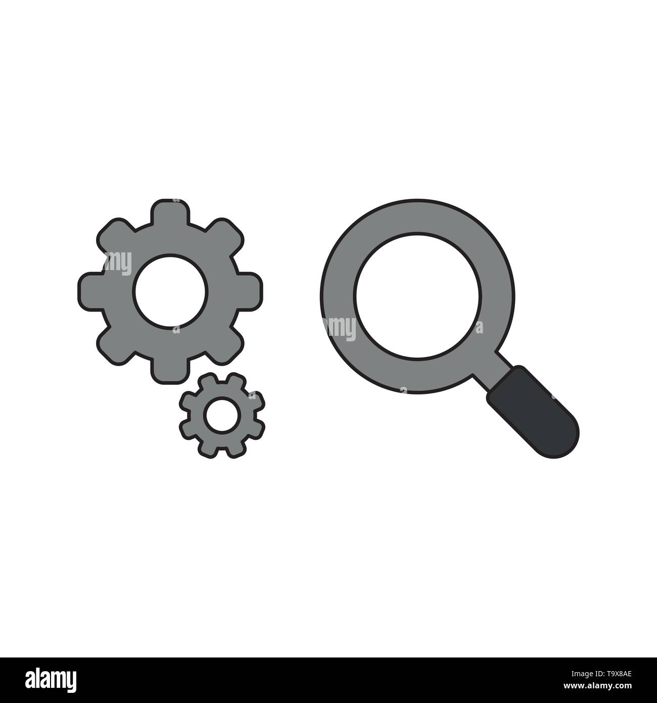 Vector icon concept of gears with magnifying glass. Black outlines and ...