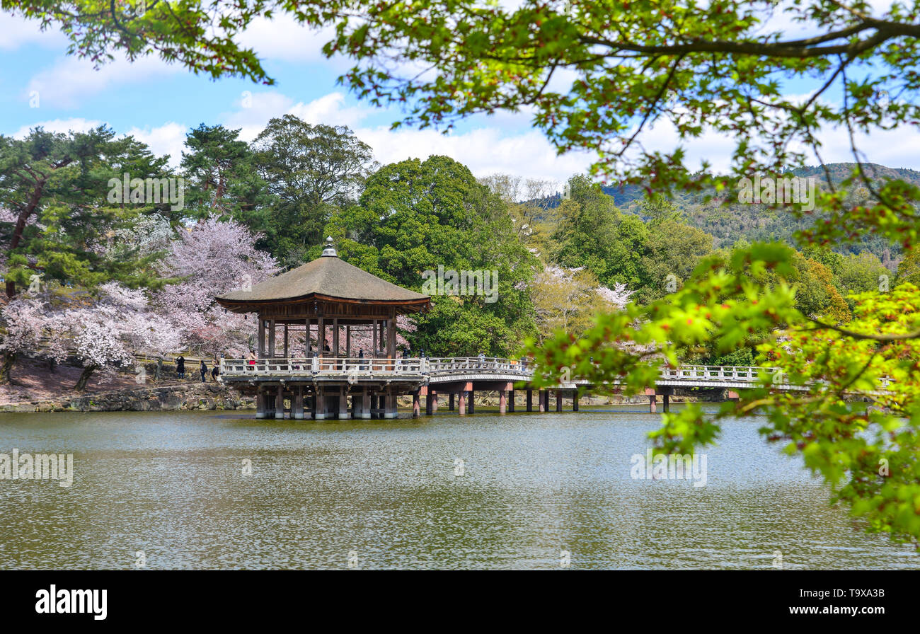 Nara, Japan - Apr 11, 2019. Sagi-ike Pond with the Ukimido Gazebo ...