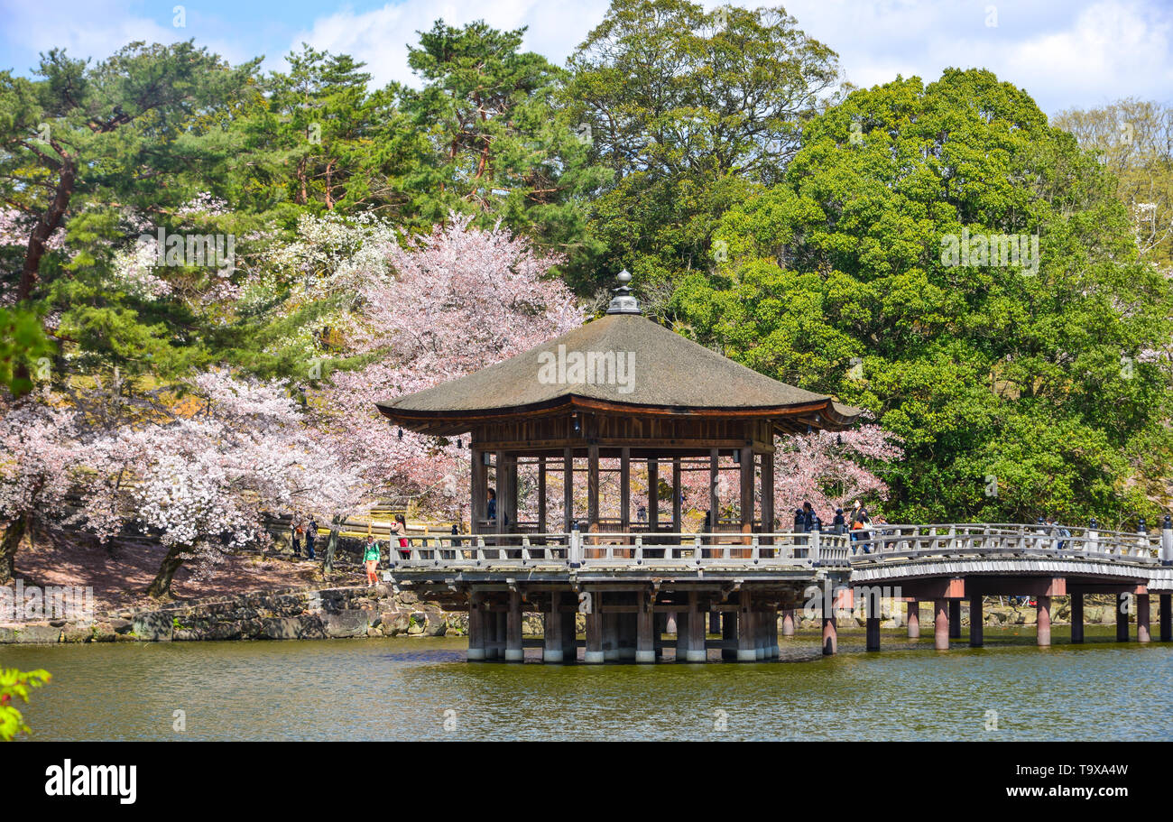 Nara, Japan - Apr 11, 2019. Sagi-ike Pond with the Ukimido Gazebo ...