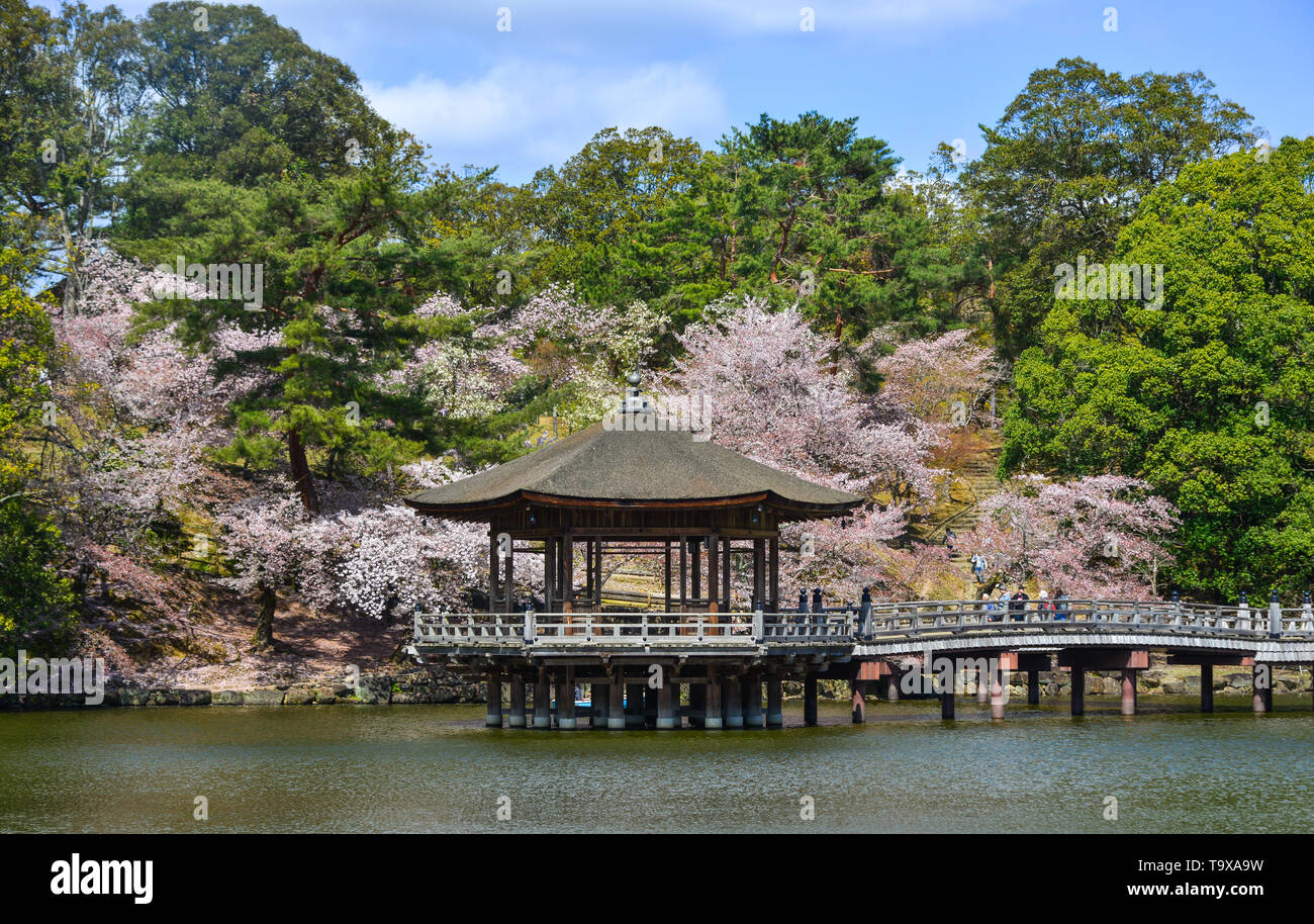 Nara, Japan - Apr 11, 2019. Sagi-ike Pond with the Ukimido Gazebo ...