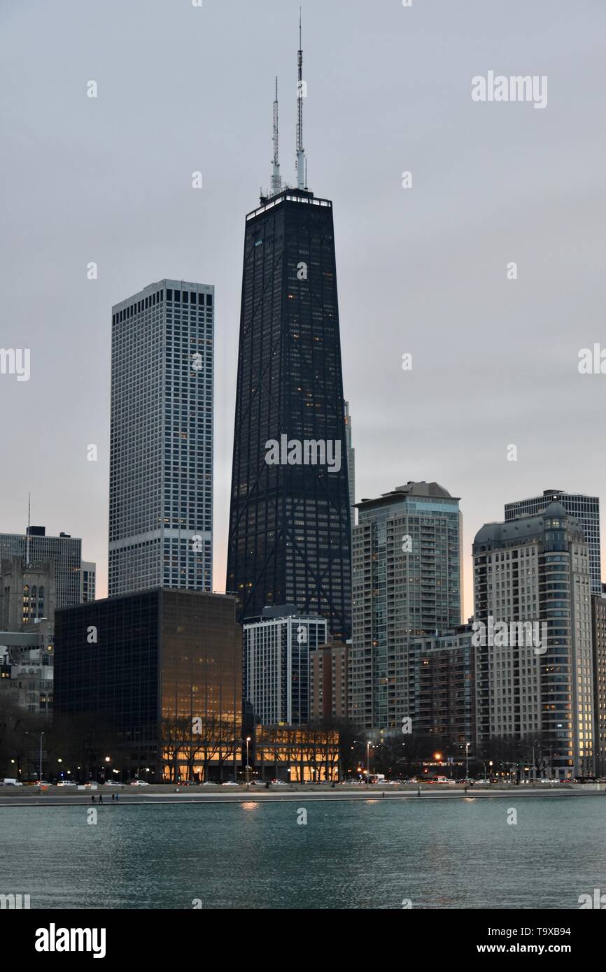 The iconic John Hancock Center in the Near North neighborhood, Chicago ...