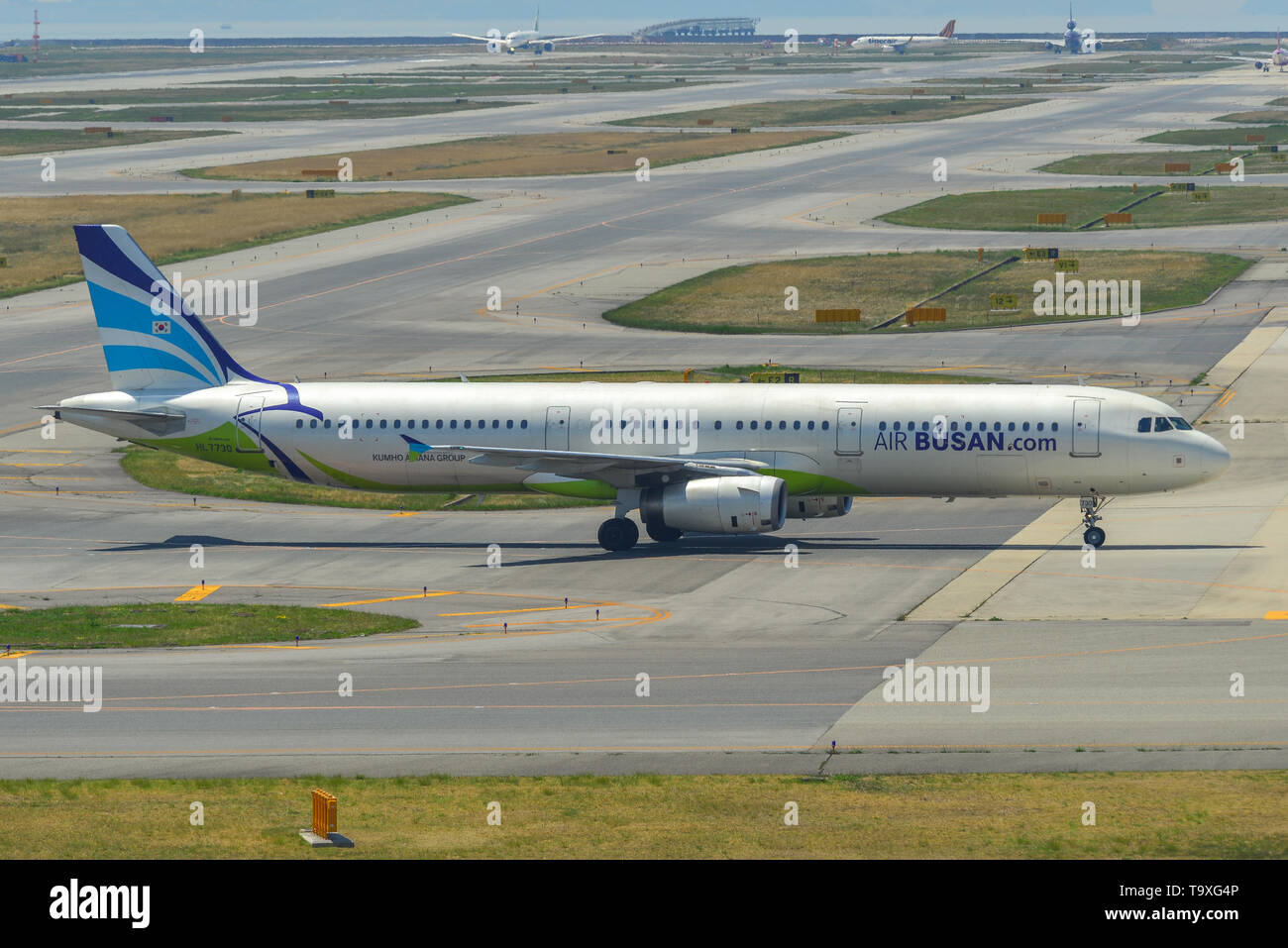 Osaka, Japan - Apr 18, 2019. HL7730 Air Busan Airbus A321 taxiing on ...