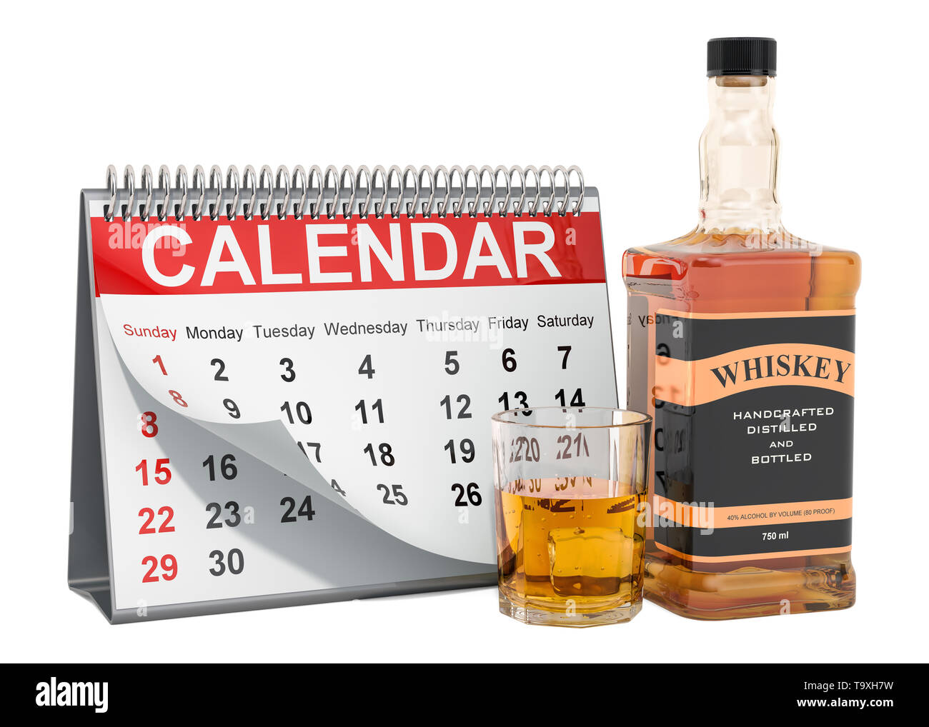 Desk calendar with whiskey bottle, 3D rendering isolated on white ...