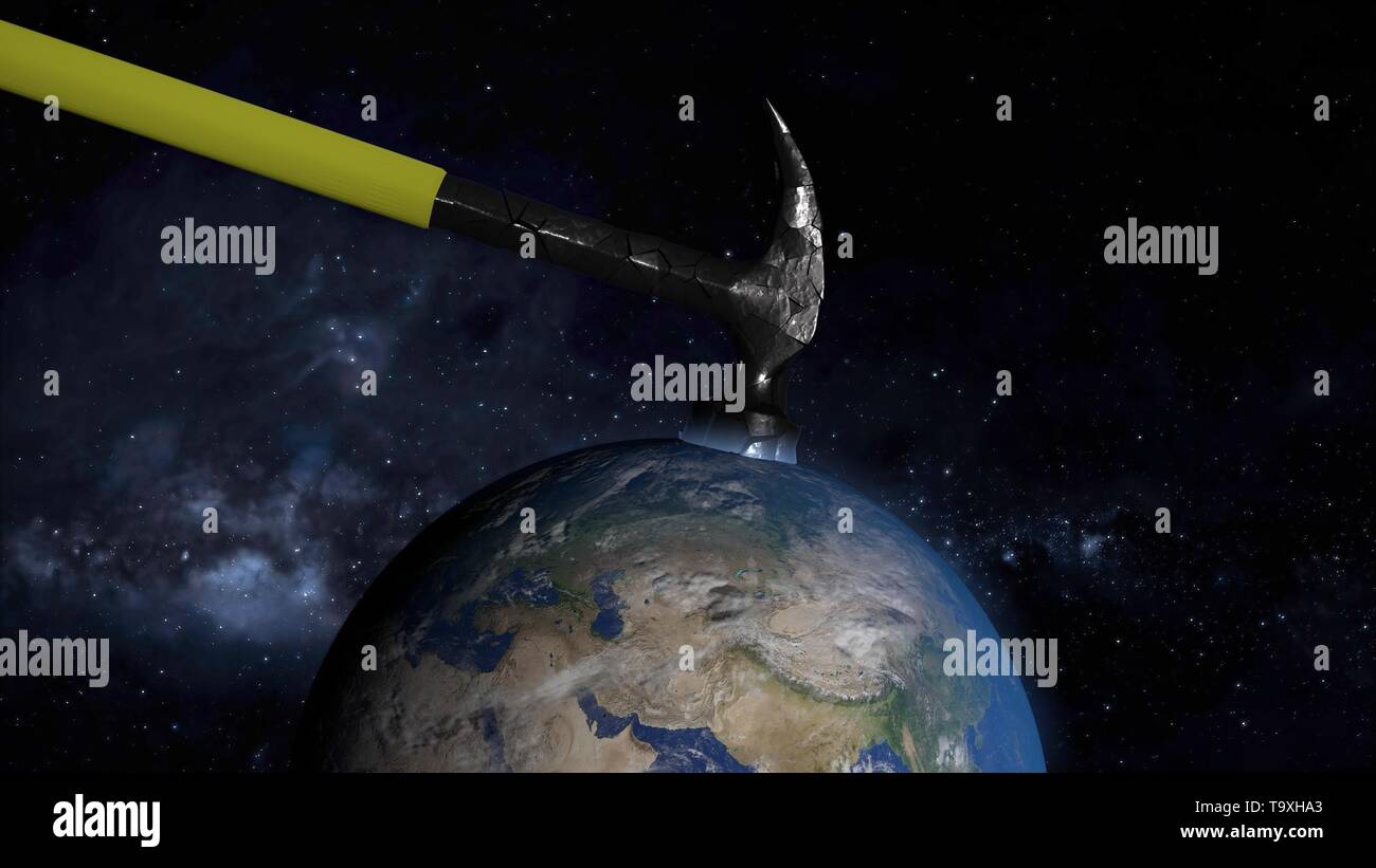 3D illustration Earth from space. Hammer hitting earth planet and ...