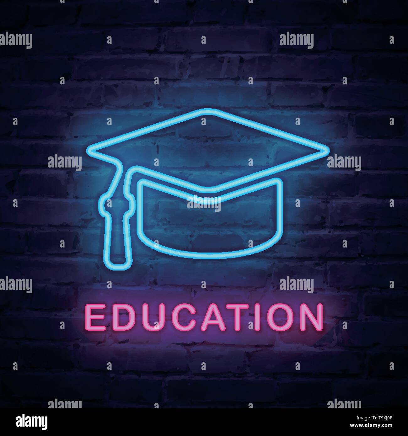 Vector illuminated neon light icon sign education graduation cap. Ideal ...