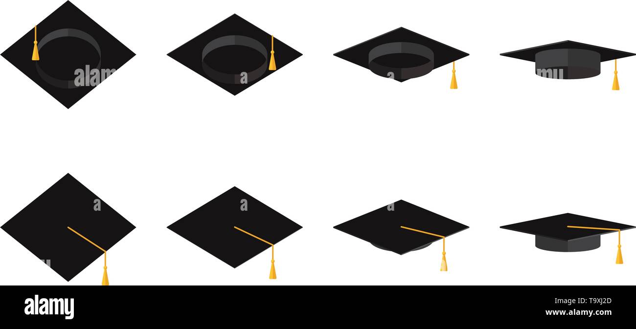Set of icons with an academic cap in different angles Vector flat ...
