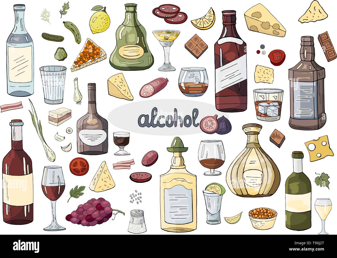 Big set hand drawn alcohol drinks and glasses isolated on the white ...