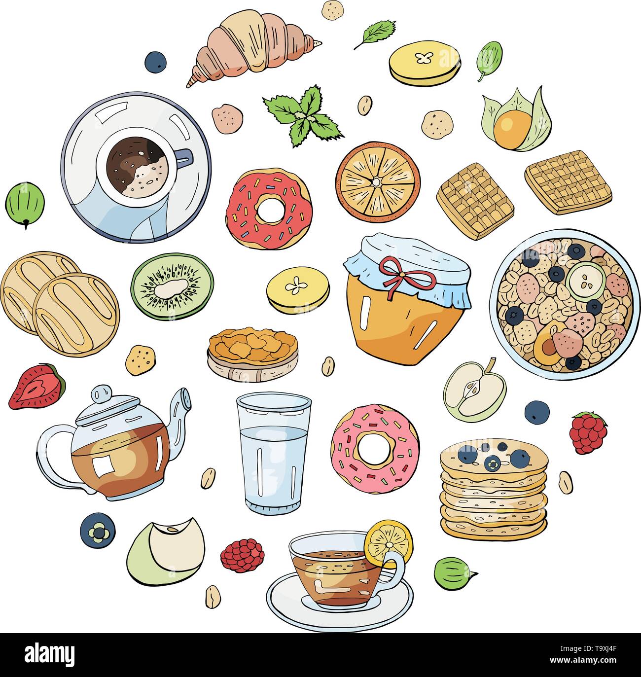 Set of morning breakfast elements isolated on white background in ...