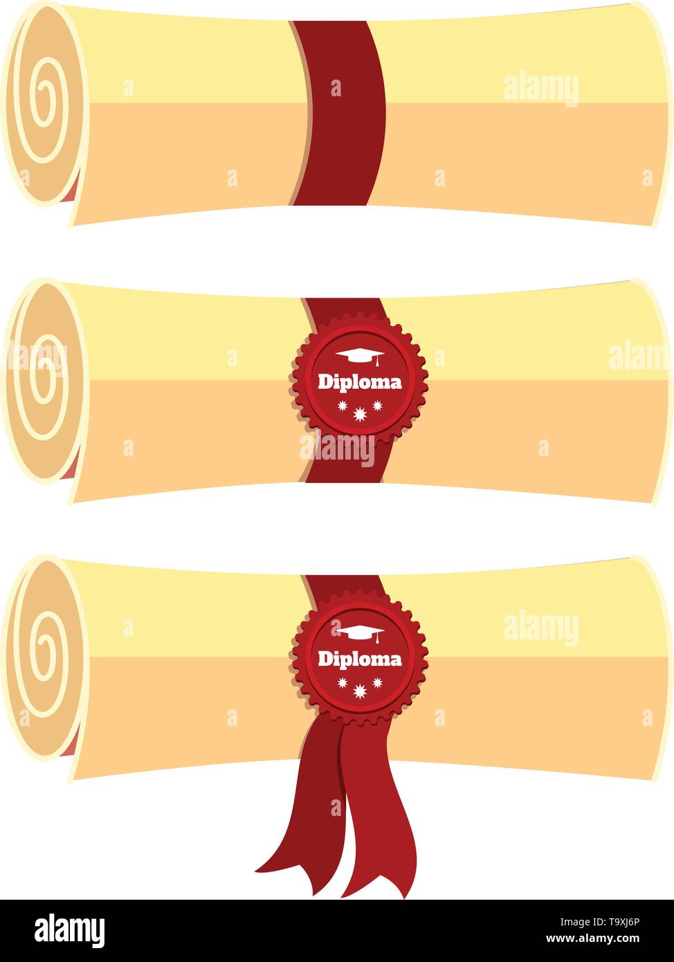 set of folded diplomas with ribbon and stamps. Vector flat illustration ...