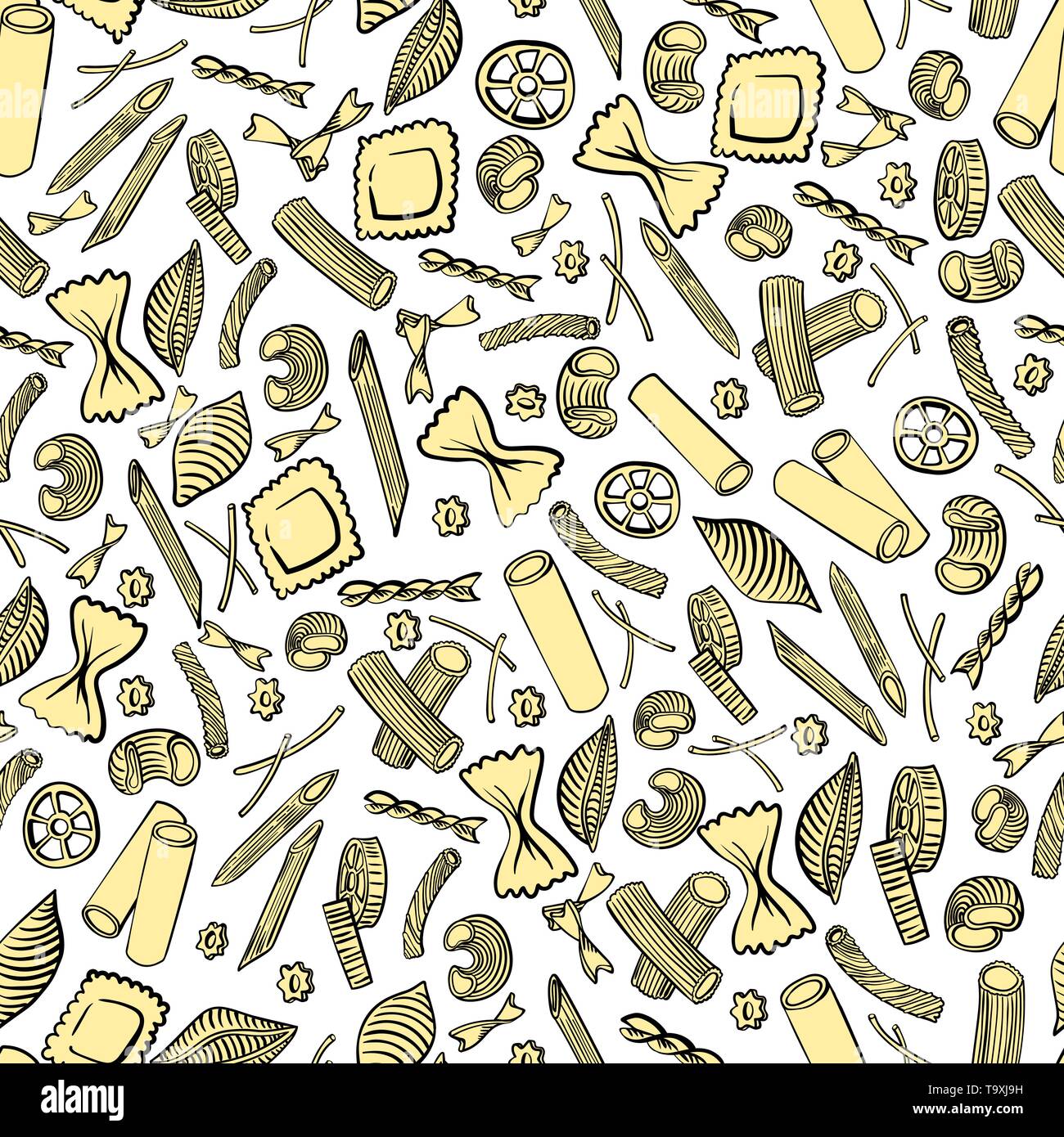 seamless pattern with italian macaroni of different kinds. Colored hand ...