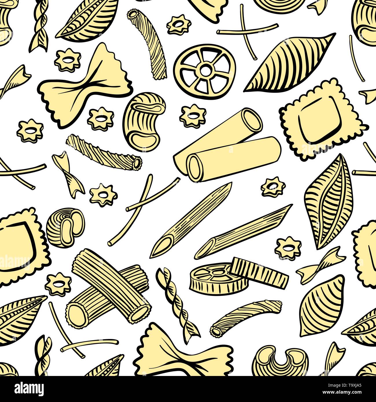 seamless pattern with italian macaroni of different kinds. Colored hand ...