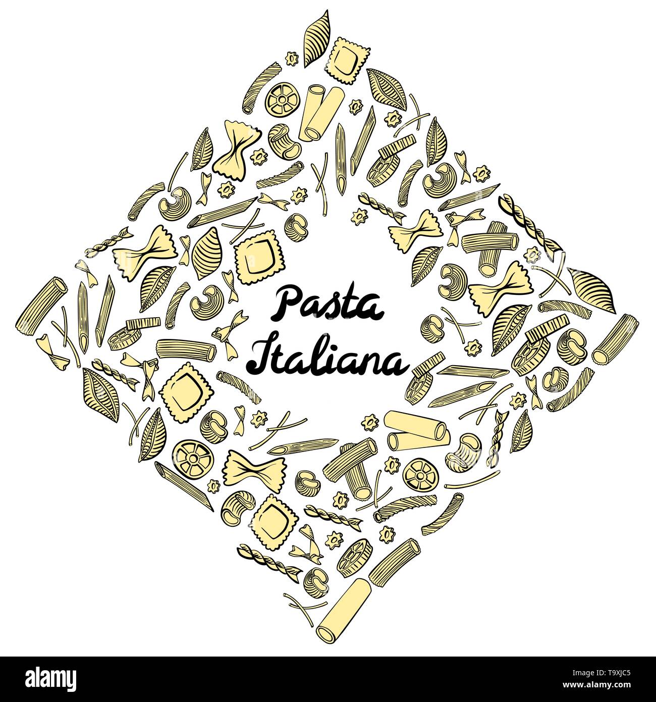 Square frame with italian macaroni of different kinds. Colored hand ...