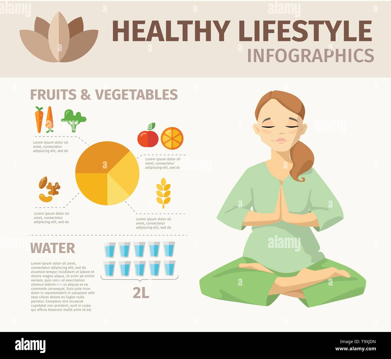 Vector healthy Lifestyle design food elements and woman character doing ...
