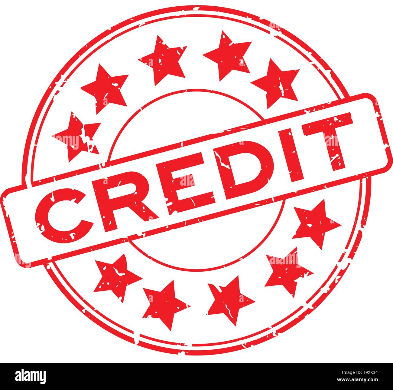 Grunge red credit word with star icon round rubber seal stamp on white ...