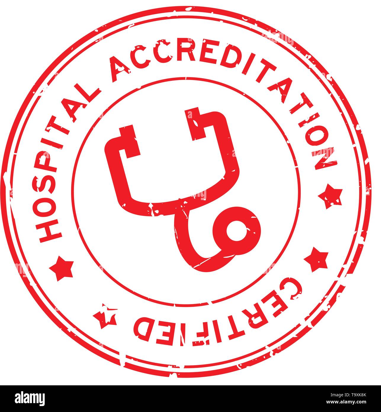 Grunge red hosptial accreditation with stethoscope icon round rubber ...