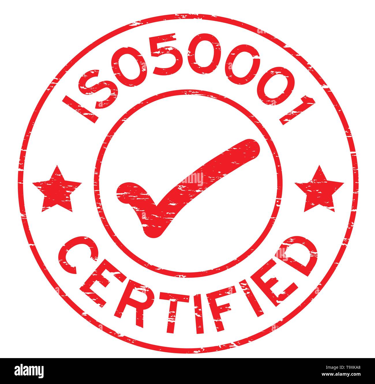 Grunge red ISO 50001 with mark icon round rubber seal stamp on white ...