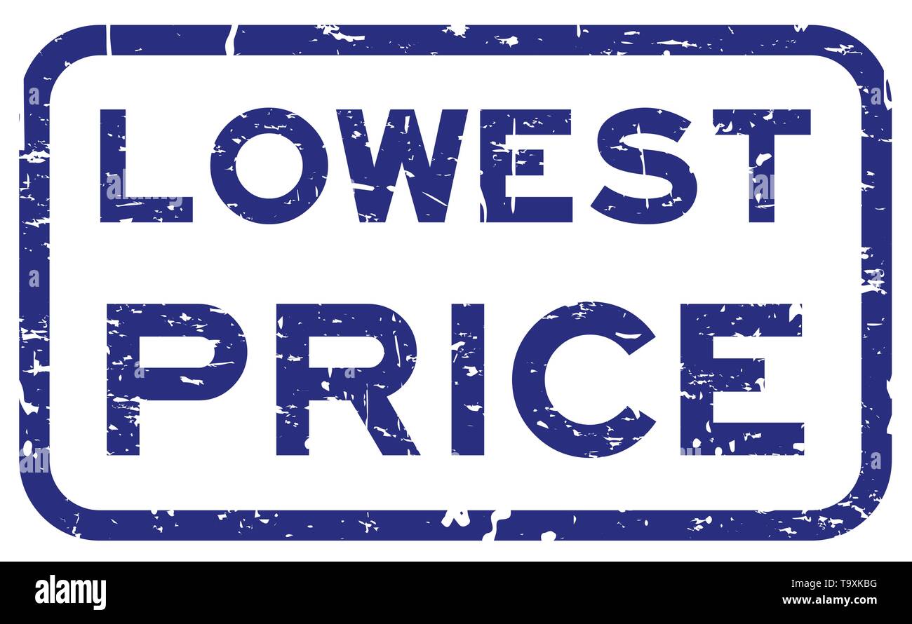 Grunge blue lowest price square rubber seal stamp on white background ...