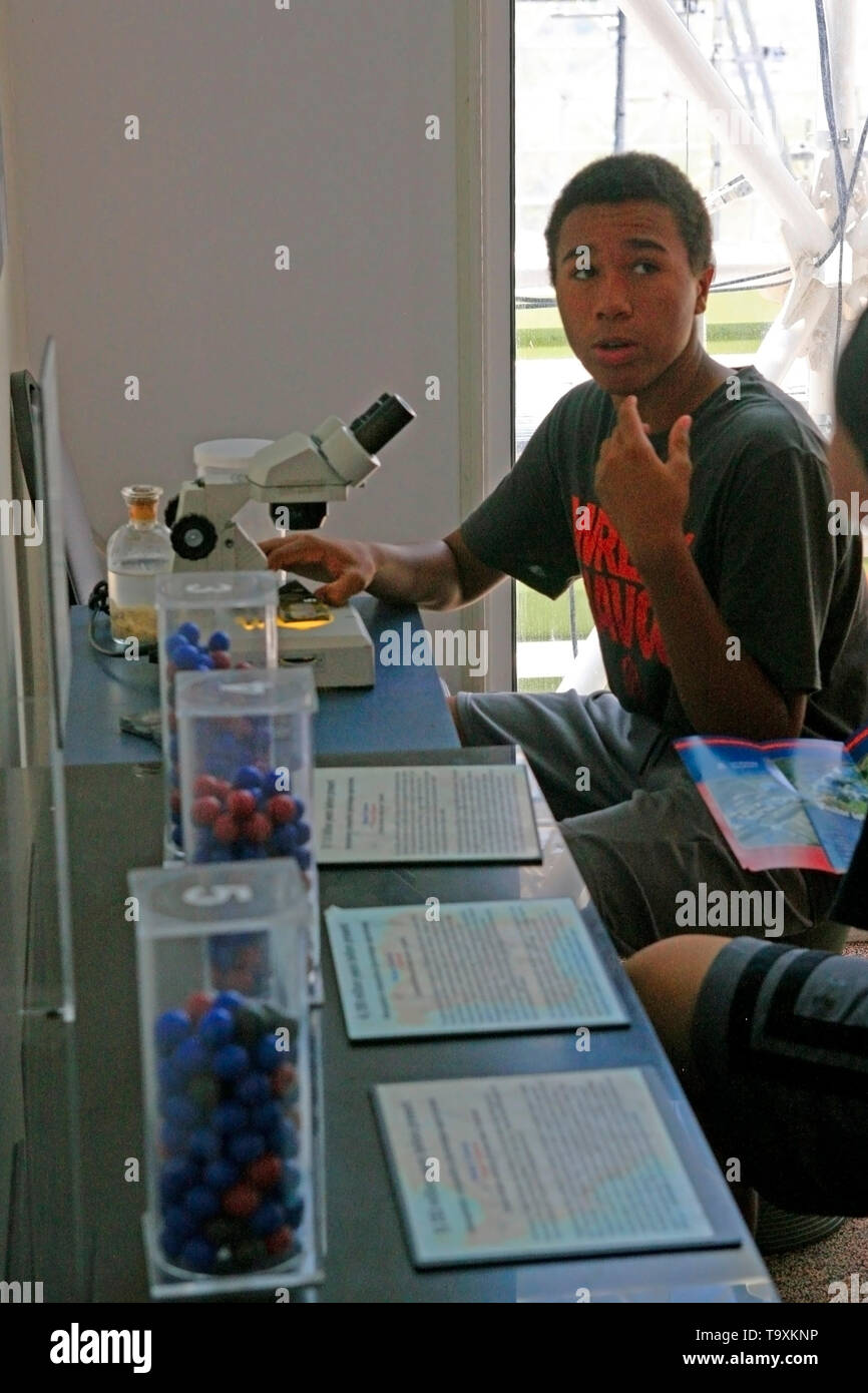 High school student explaining what he sees under a microscope at ...