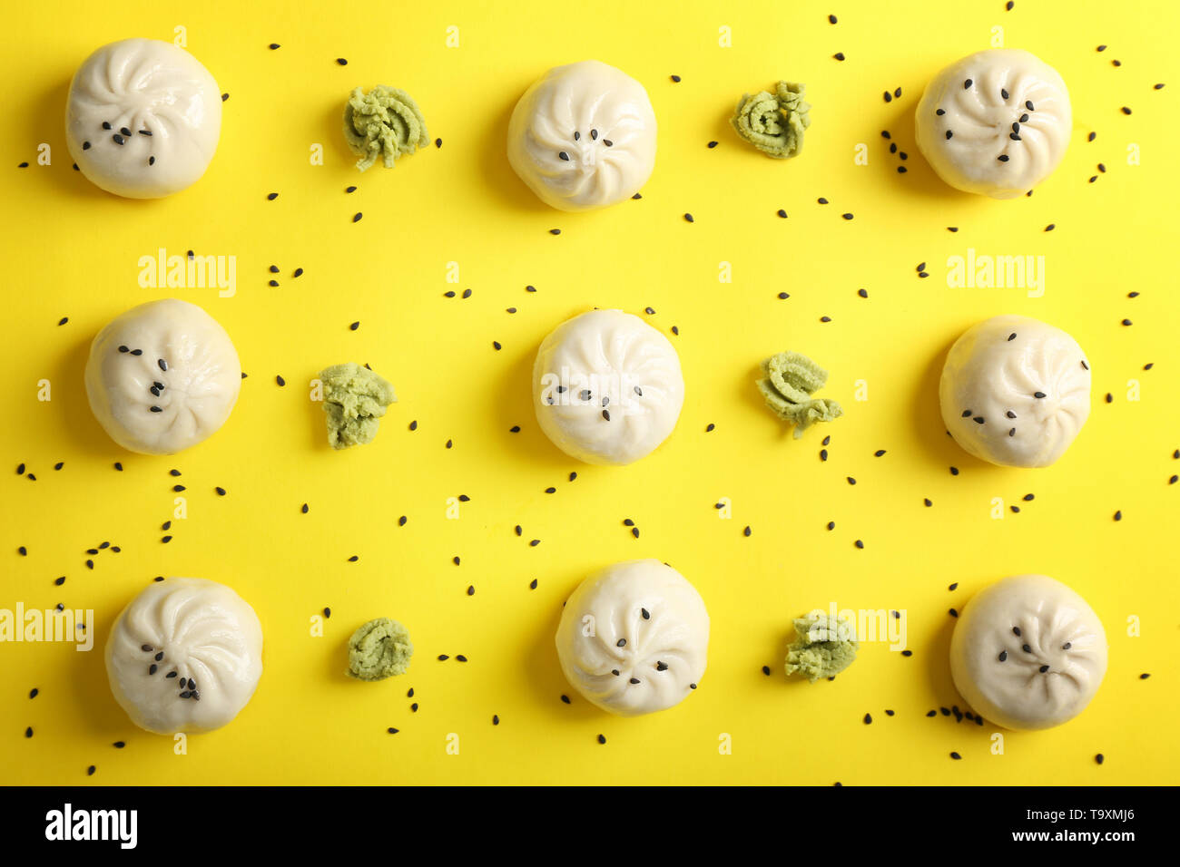 Composition with tasty Chinese dumplings on color background Stock ...