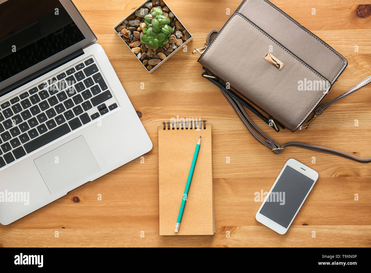 Composition with laptop, mobile phone and green plant on wooden ...