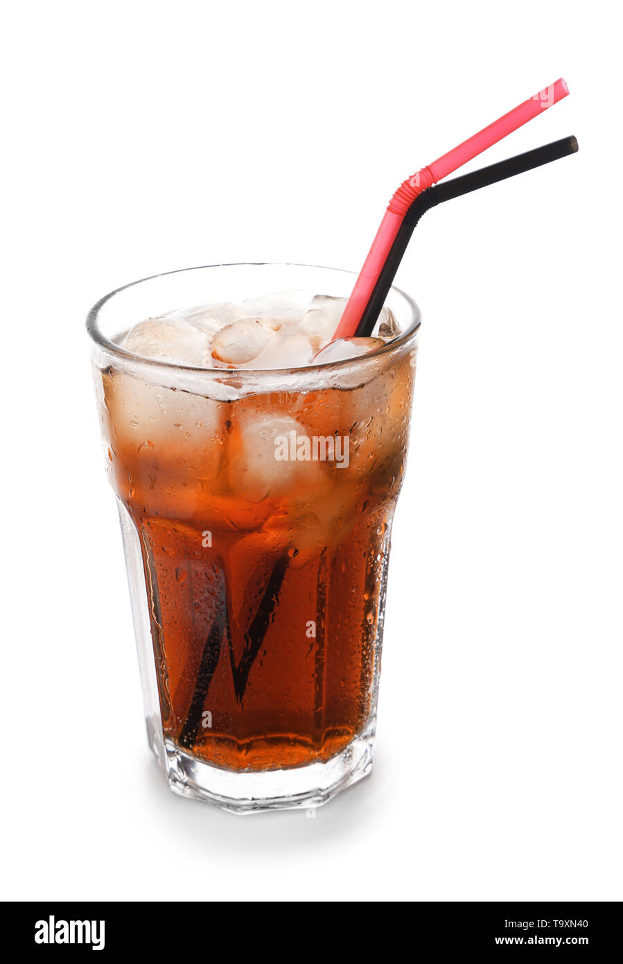 Glass of tasty soda with ice on white background Stock Photo - Alamy