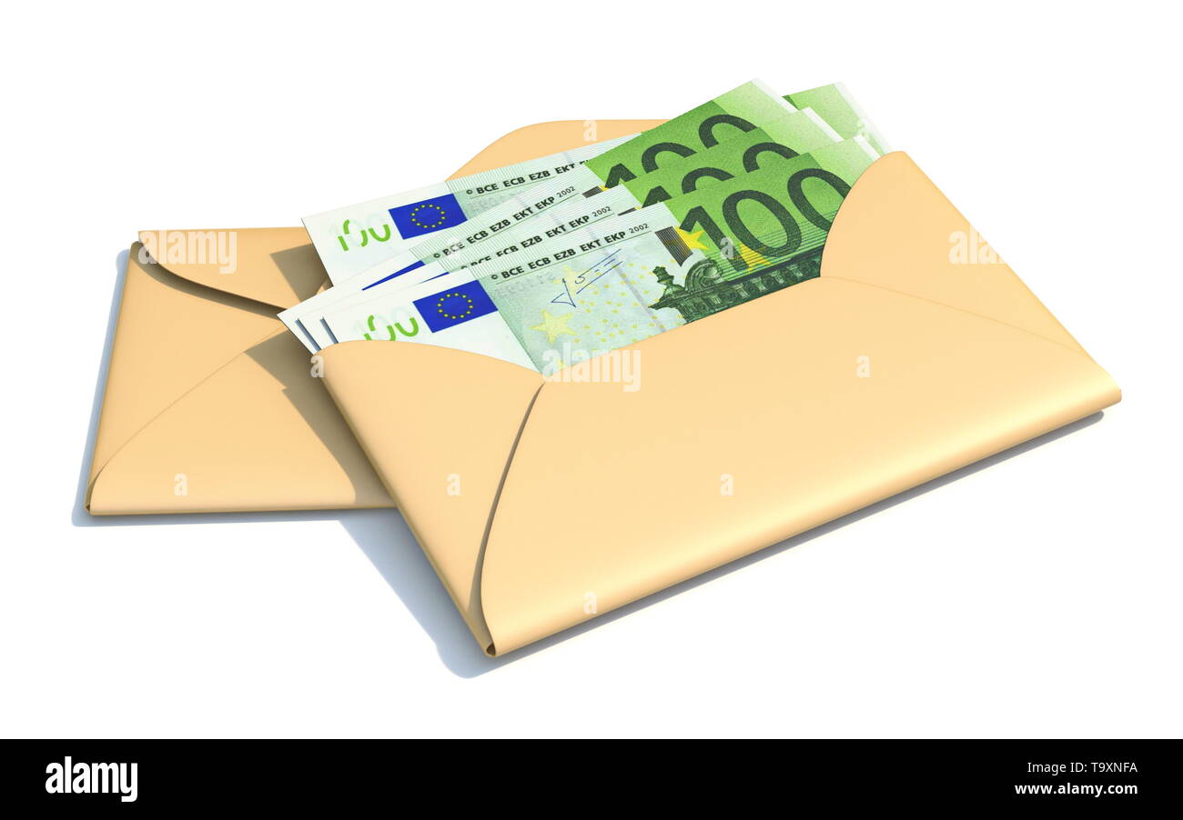 Euros in envelope 3D render illustration isolated on white background ...