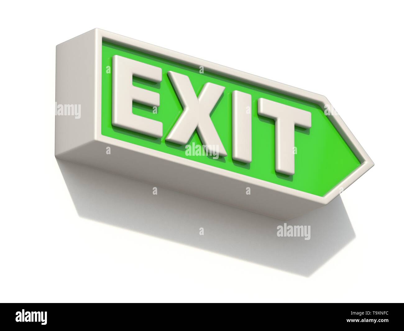 Green EXIT sign on white wall 3D rendering illustration isolated on ...
