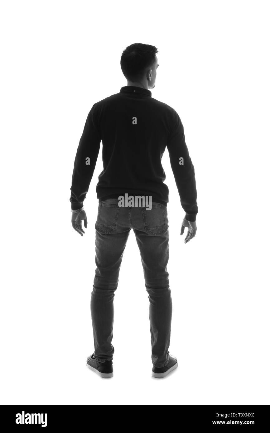 Young man on white background, back view Stock Photo - Alamy