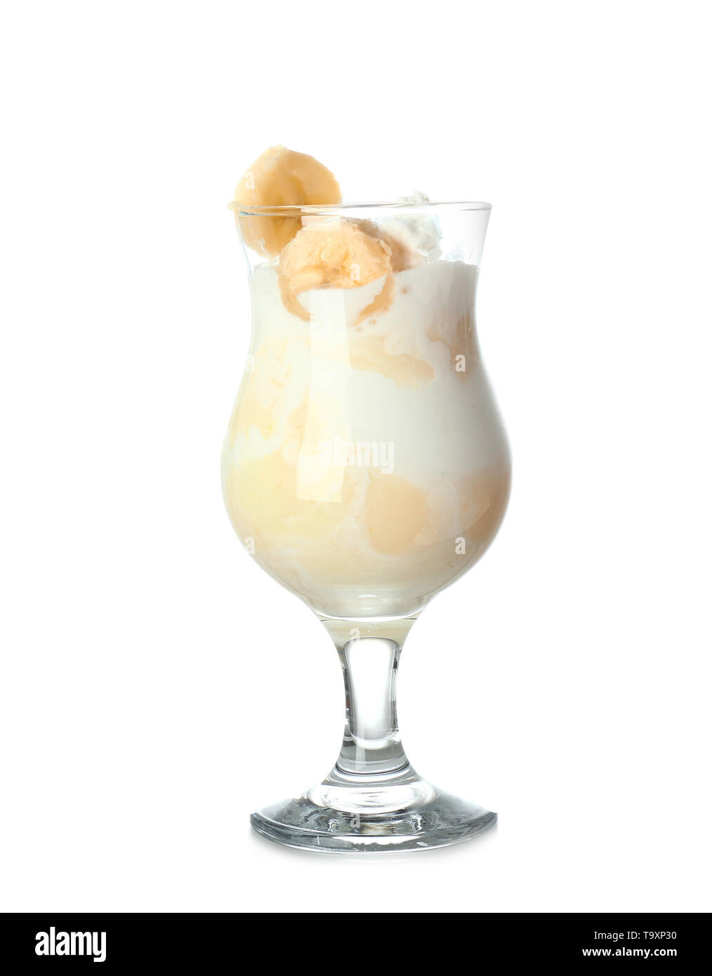 Glass of tasty banana milkshake on white background Stock Photo - Alamy