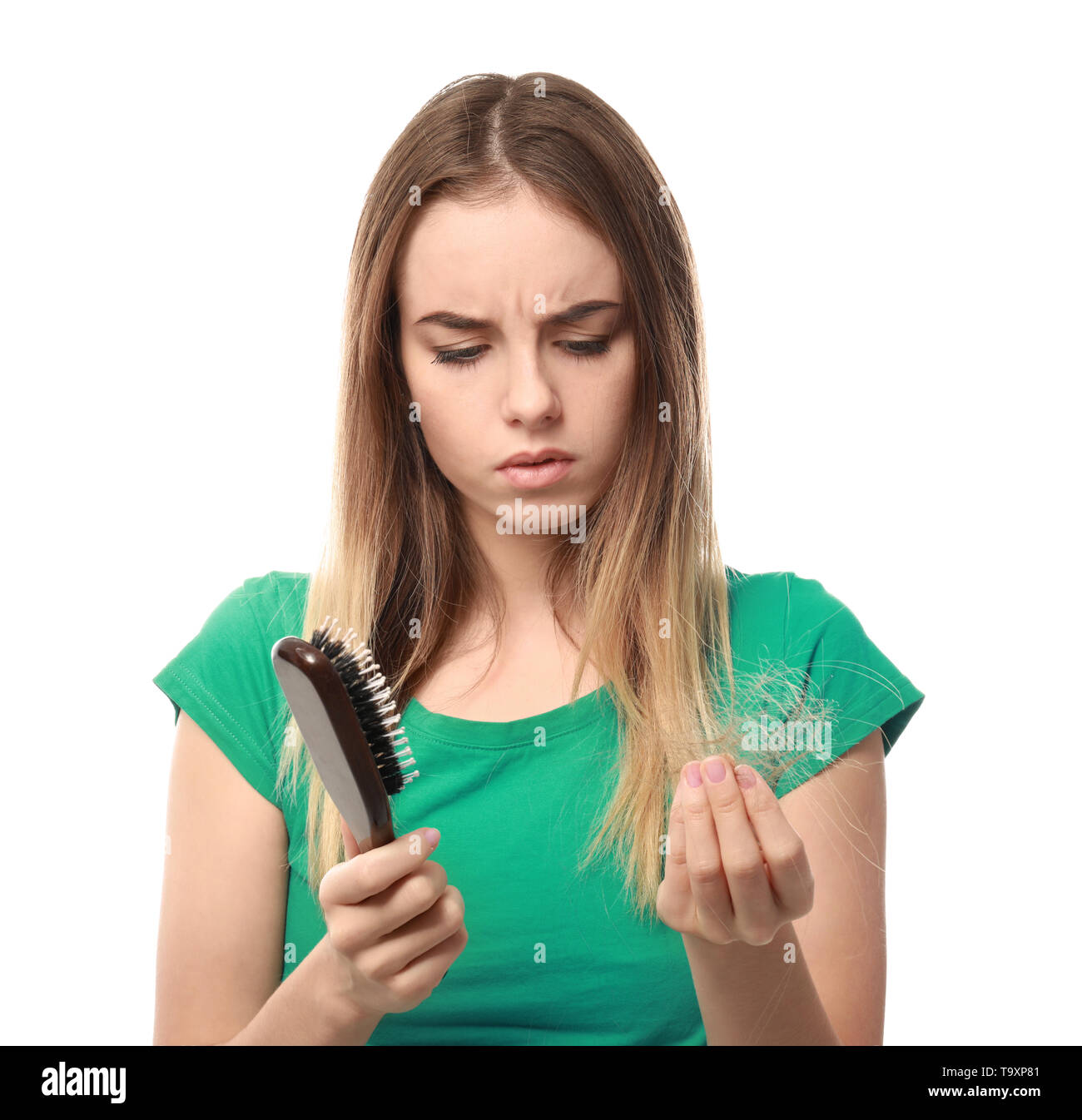 Woman with hair loss problem on white background Stock Photo - Alamy