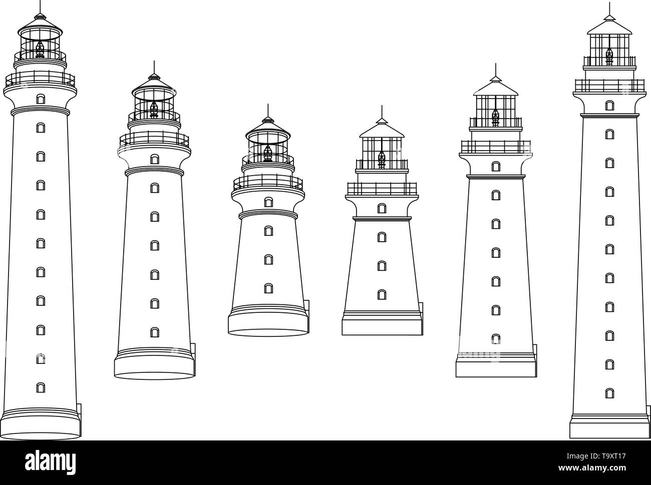 vector black, white outline Lighthouse, light house, beacon set Stock ...