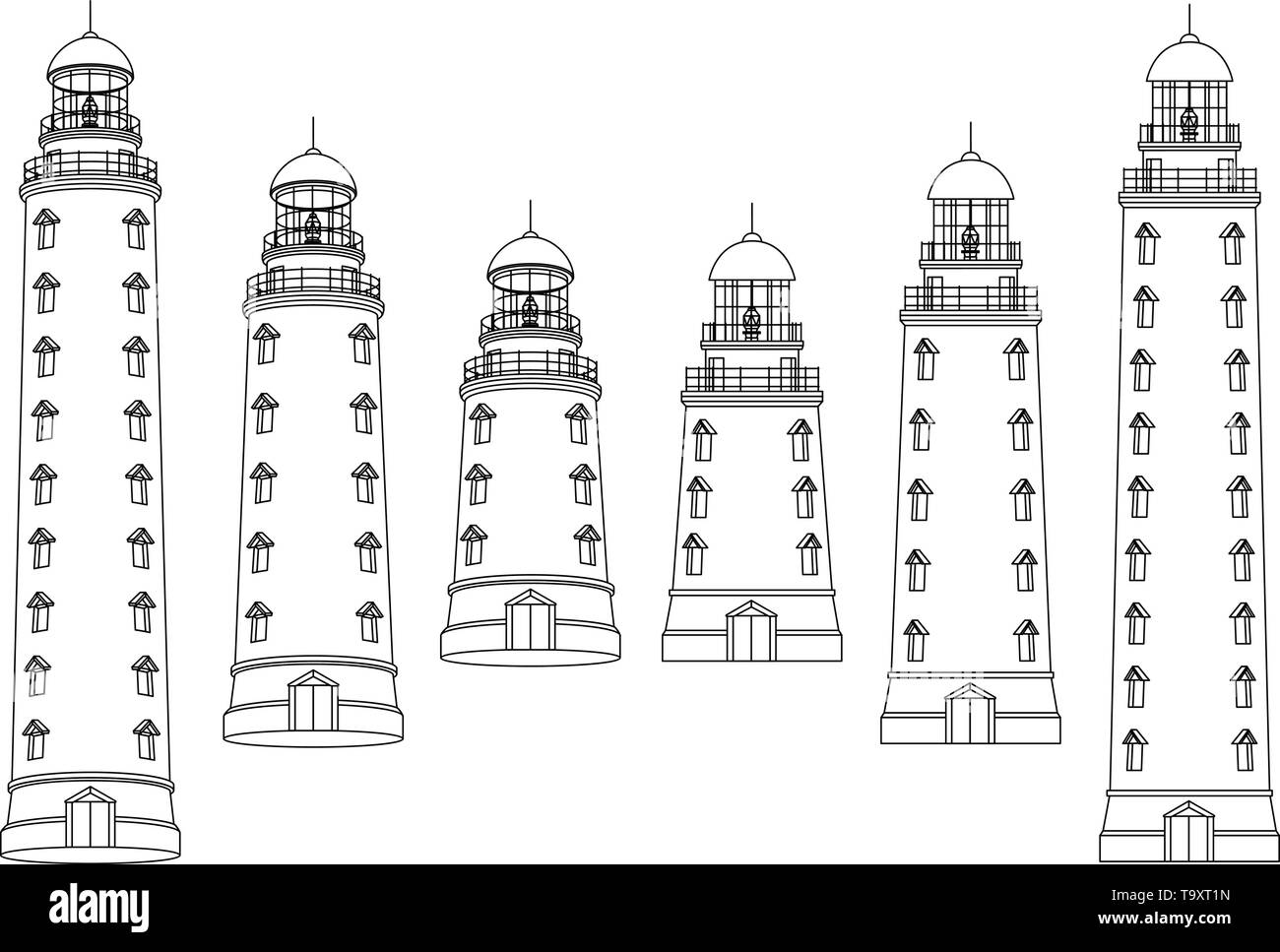 vector black, white outline Lighthouse, light house, beacon set Stock ...
