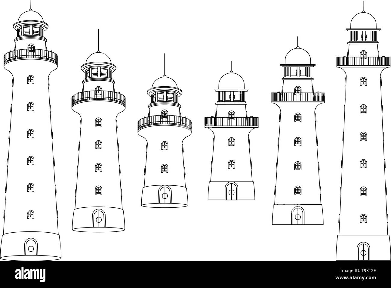vector black, white outline Lighthouse, light house, beacon set Stock ...