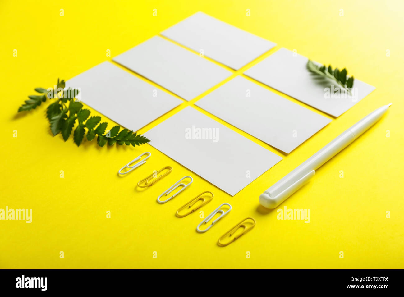 Blank business cards, clips and pen on color background Stock Photo - Alamy