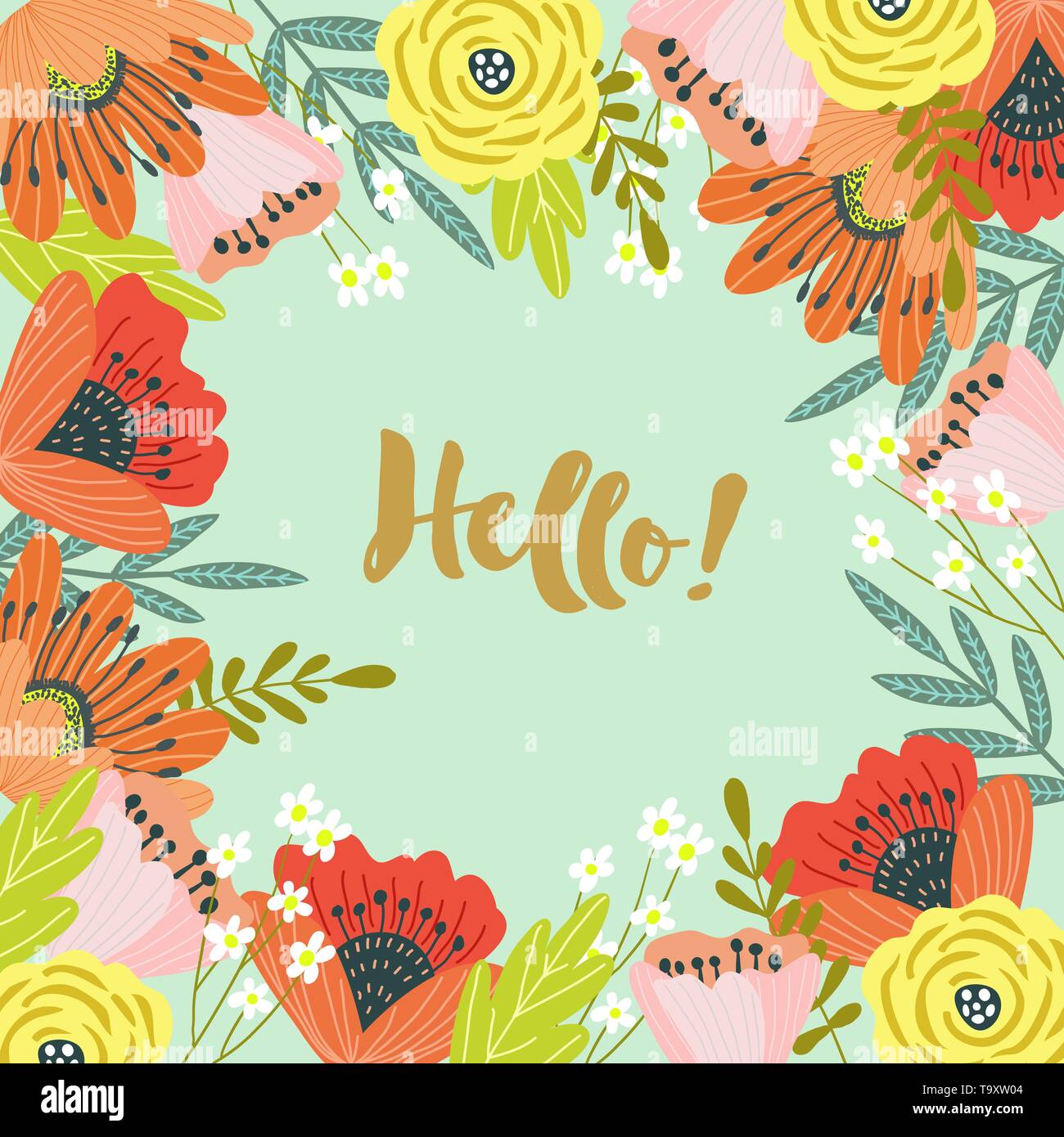 Hello. Template for cards and banners with cute doodles flowers wirh ...