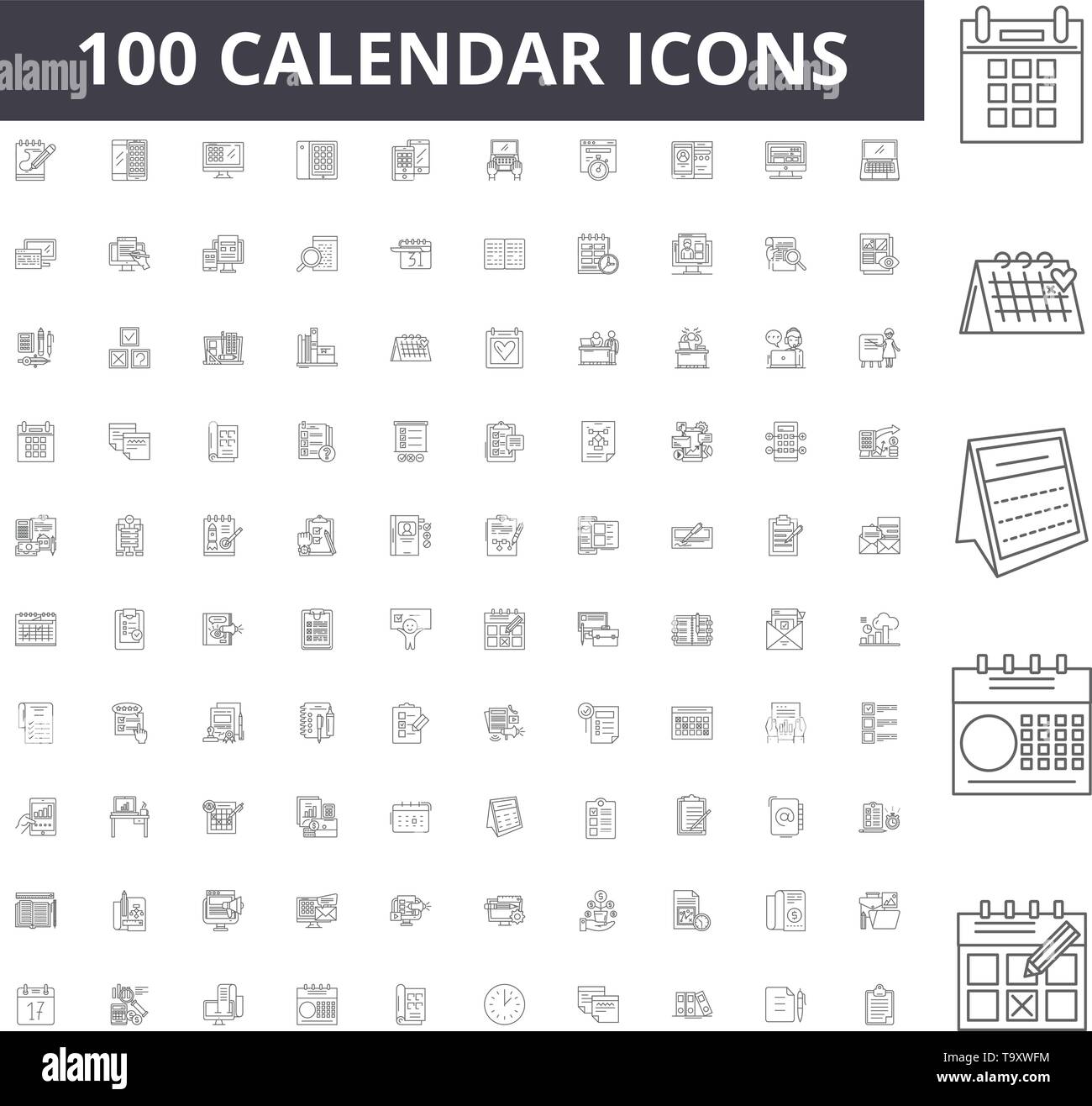 Calendar line icons, signs, vector set, outline illustration concept ...
