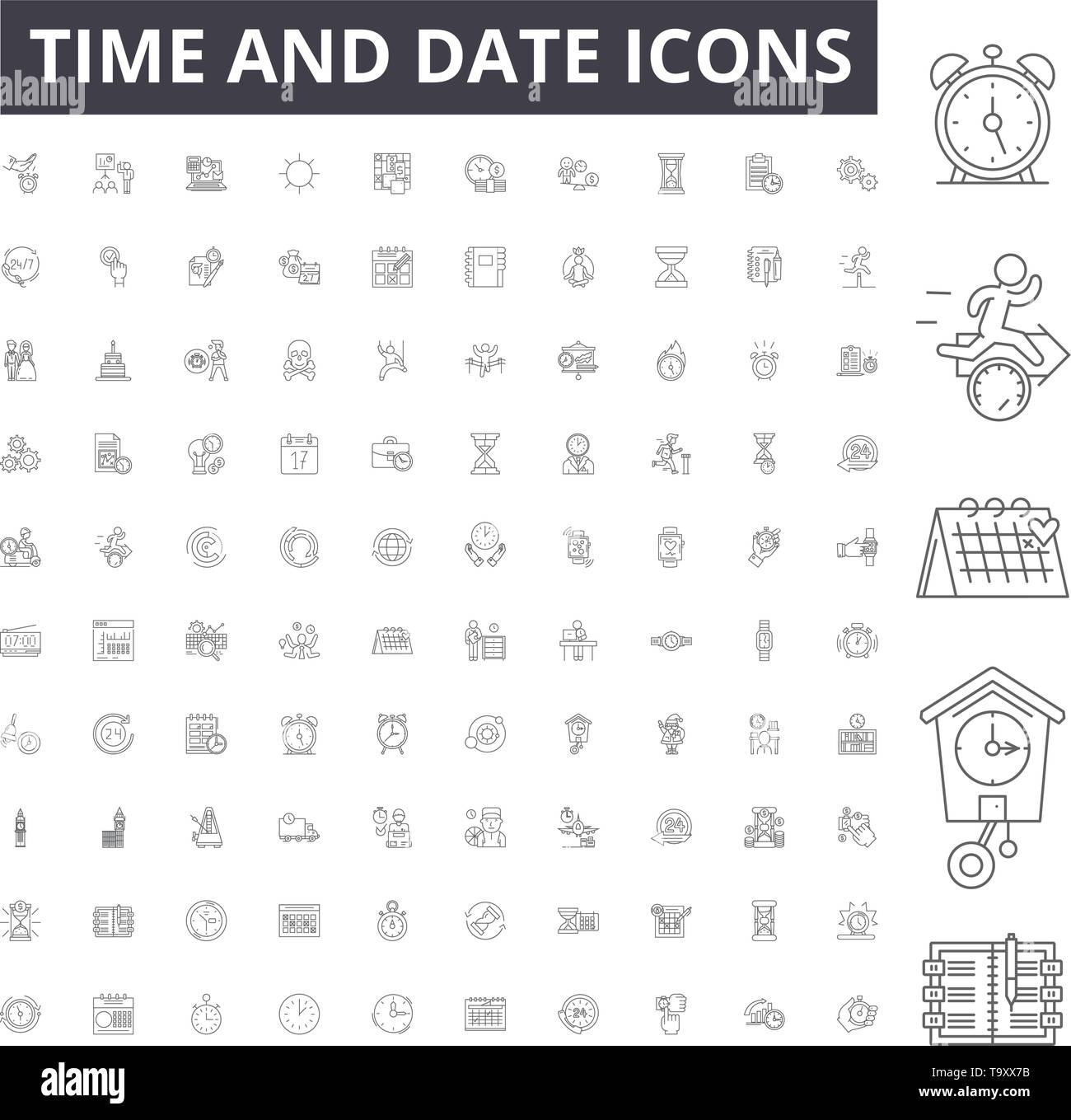 Time and date line icons, signs, vector set, outline illustration ...