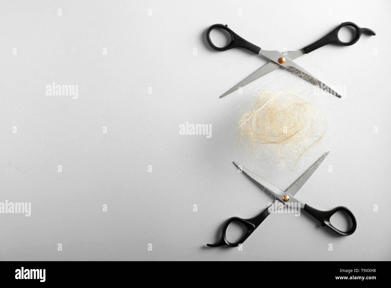 Fallen down hair with scissors on light background Stock Photo - Alamy