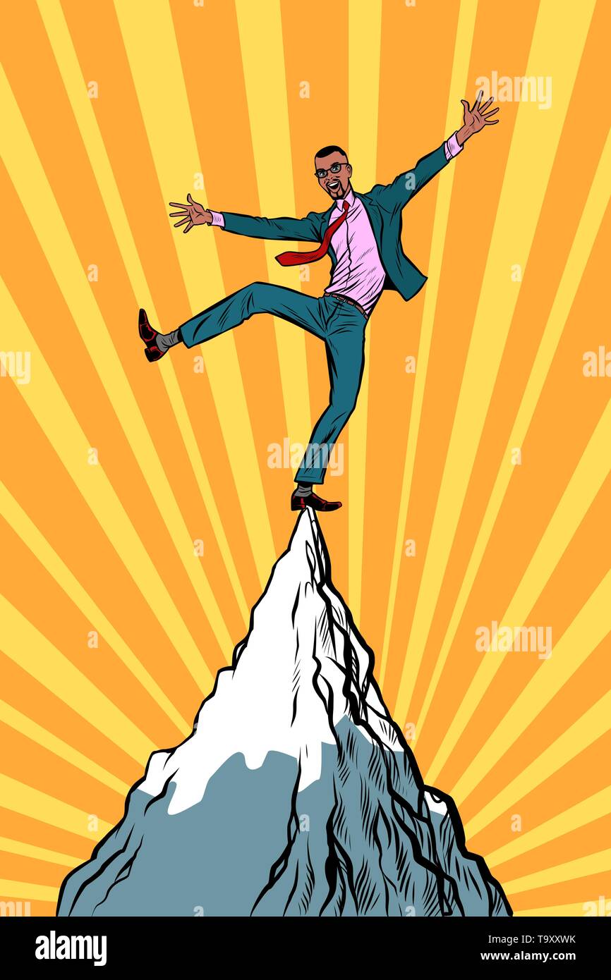 african businessman at the top of the mountain. Pop art retro vector ...