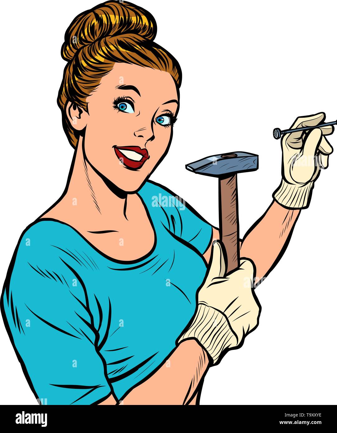 woman hammering a nail. Pop art retro vector illustration vintage ...