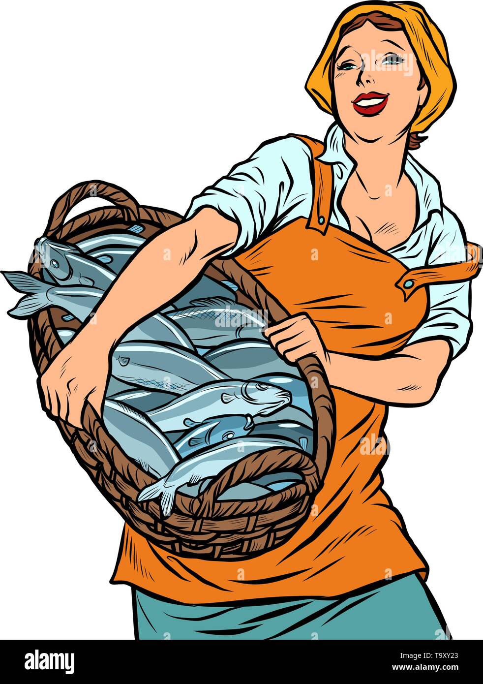 woman fisherman with a basket of fish. oceanic herring and cod. Pop art ...