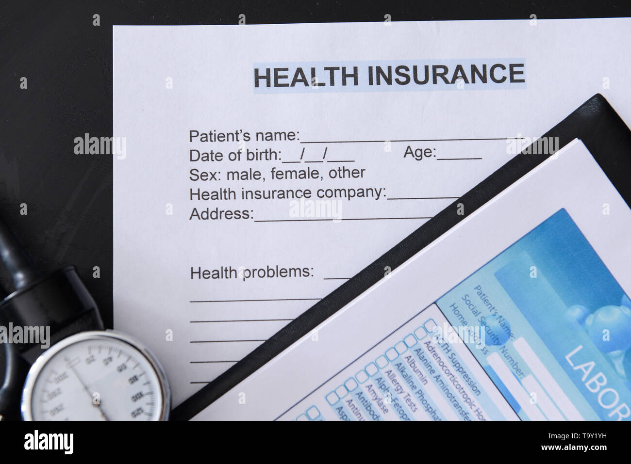 Health insurance form, document with results of laboratory test and ...