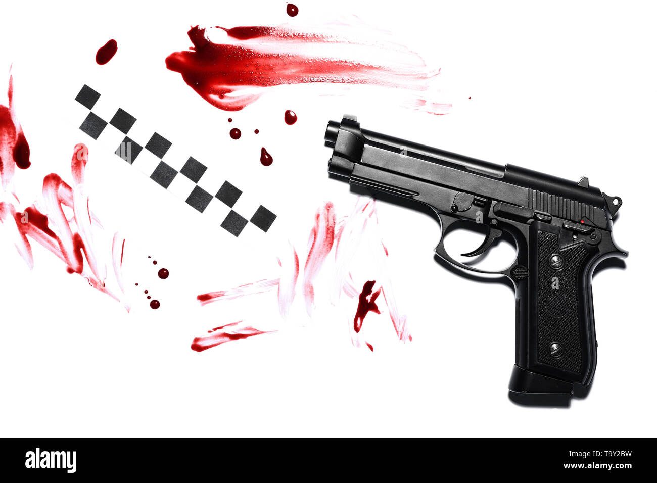 Gun with blood stains after murder on white background Stock Photo - Alamy