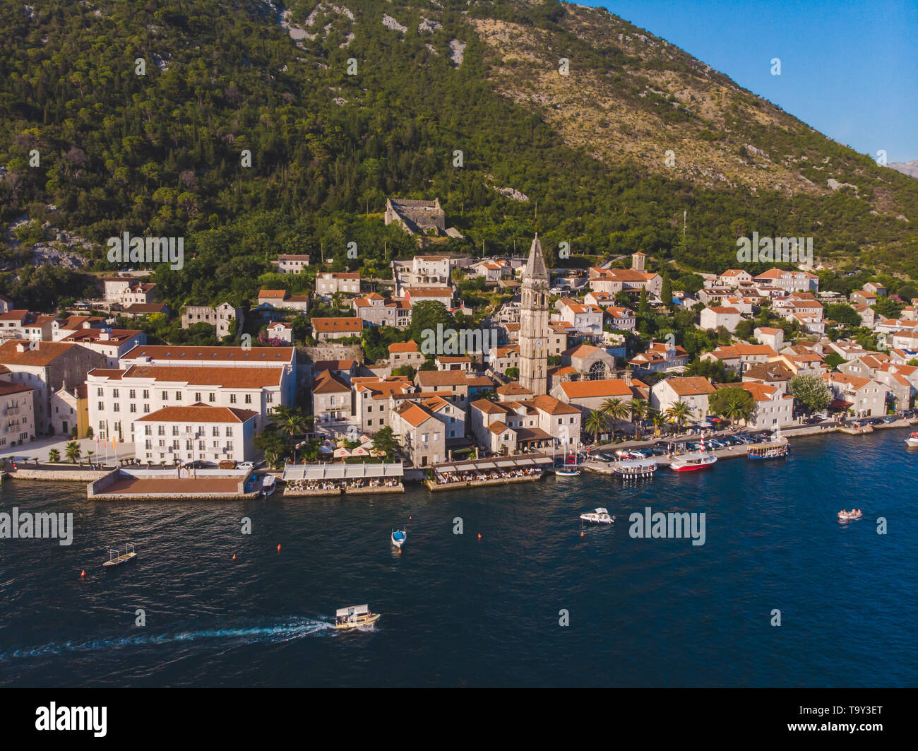 aerial view of perast city in montenegro. summer time Stock Photo - Alamy