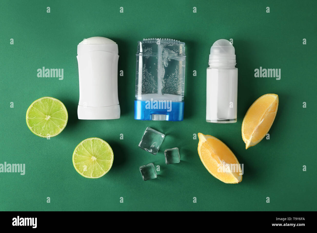 Different deodorants on color background Stock Photo - Alamy