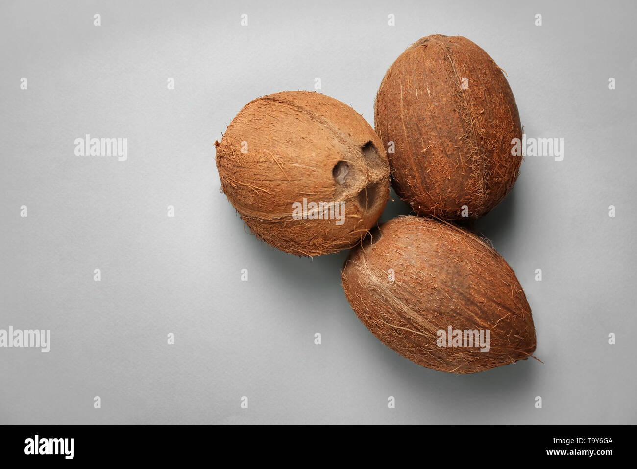 Ripe coconuts on grey background Stock Photo - Alamy